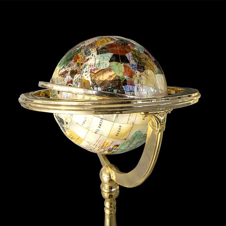Gemstone Globe with a Mother of Pearl Full Cut Ocean on a Gold Colored ...