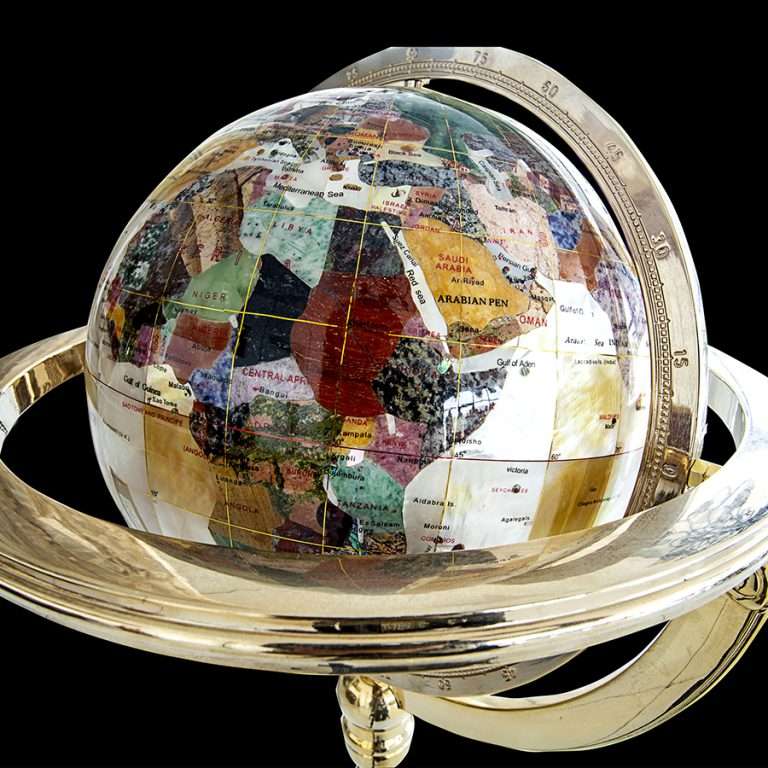 Gemstone Globe with a Mother of Pearl Full Cut Ocean on a Gold Colored ...