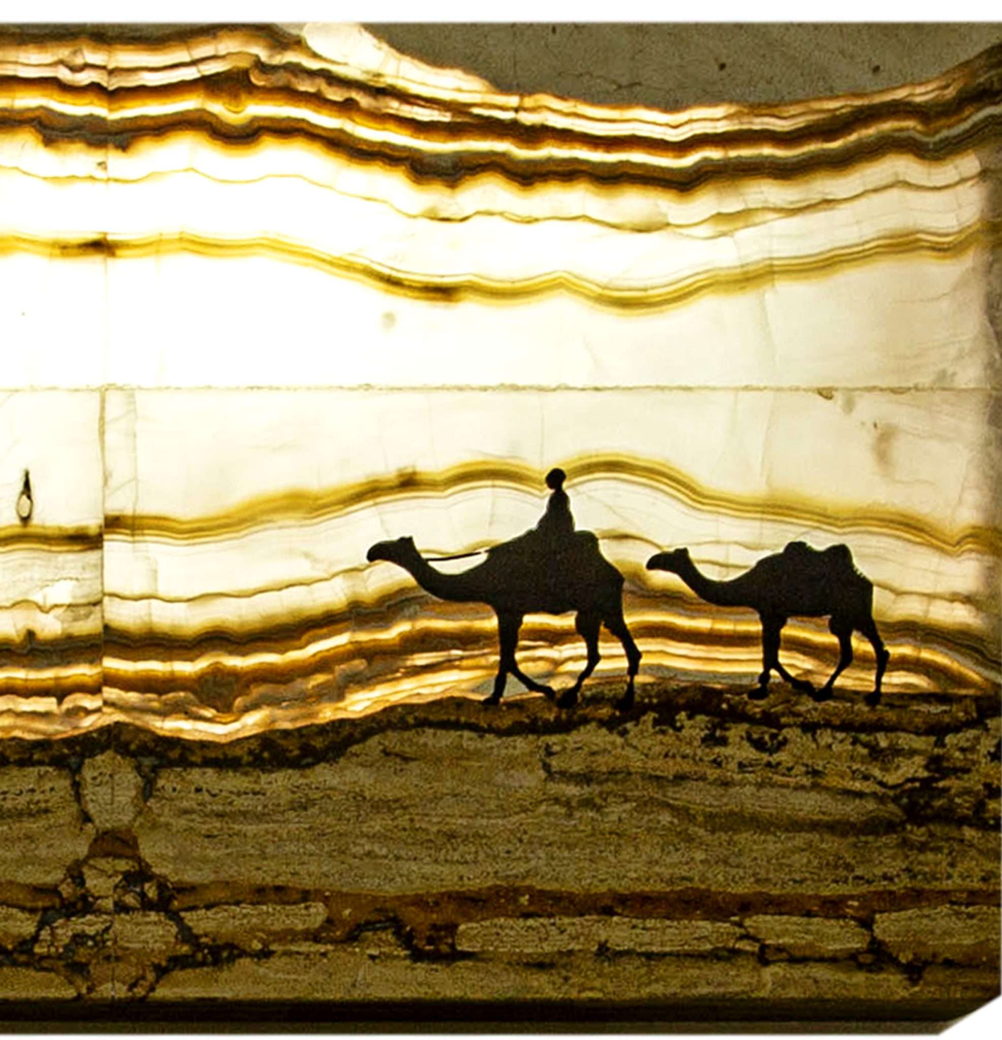 Two Camels in the Desert on Illuminated Onyx Wall Art Display – Diva