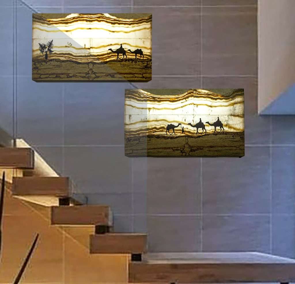 Two Camels in the Desert on Illuminated Onyx Wall Art Display – Diva