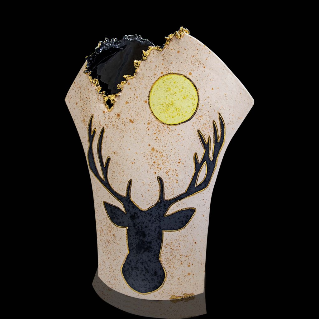 Rare Sharon Penn Pink Deer & Moon Art Pottery Vase w/ 22K Gold inlay ...