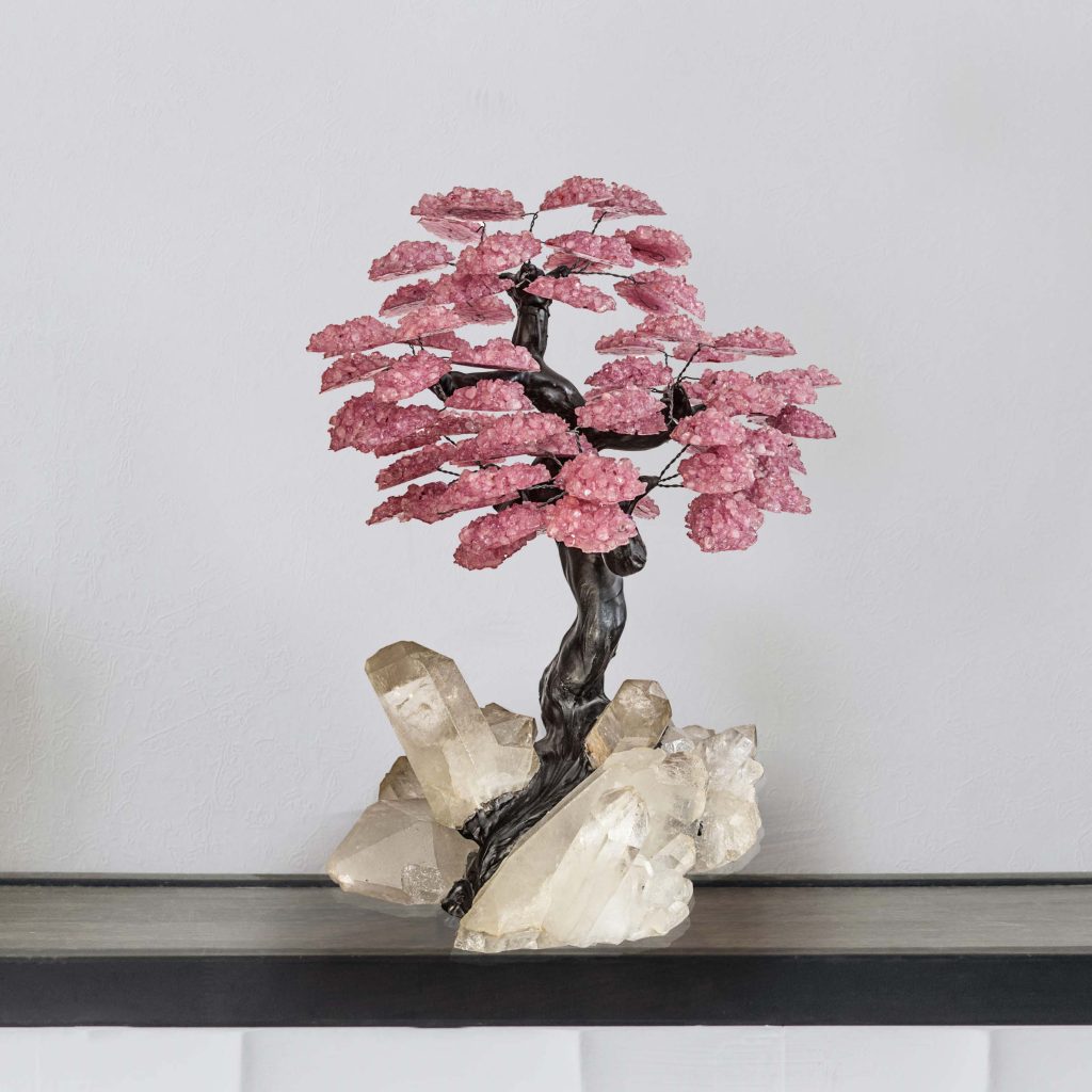 Rose Quartz Clustered Tree on a Natural Transparent Calcite Mineral ...
